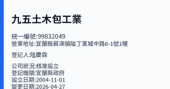 九五土木包工業的照片-統編 99832049(宜蘭縣) 公司登記資料與營業項目詳細圖表