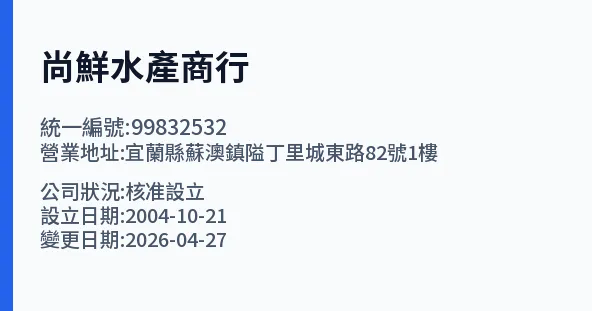尚鮮水產商行的照片-統編 99832532(宜蘭縣) 公司登記資料與營業項目詳細圖表