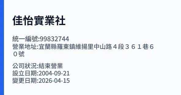 佳怡實業社的照片-統編 99832744(宜蘭縣) 公司登記資料與營業項目詳細圖表