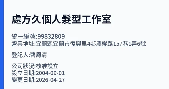 處方久個人髮型工作室的照片-統編 99832809(宜蘭縣) 公司登記資料與營業項目詳細圖表