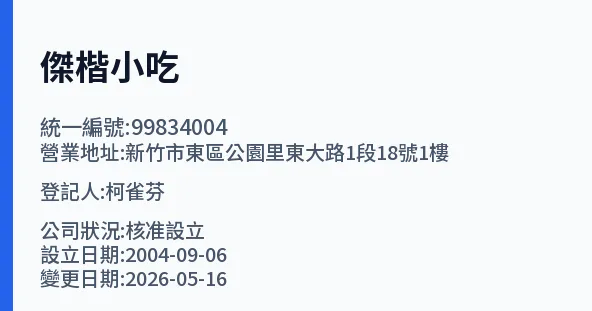 傑楷小吃的照片-統編 99834004(新竹市) 公司登記資料與營業項目詳細圖表
