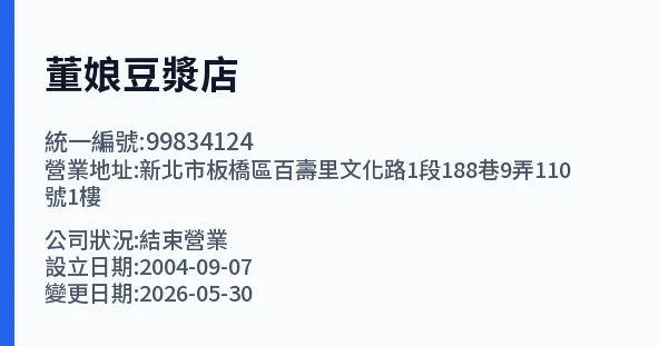 董娘豆漿店的照片-統編 99834124(新北市) 公司登記資料與營業項目詳細圖表