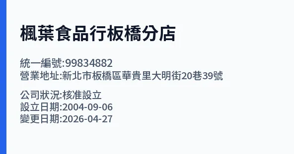 楓葉食品行板橋分店的照片-統編 99834882(新北市) 公司登記資料與營業項目詳細圖表