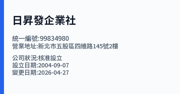 日昇發企業社的照片-統編 99834980(新北市) 公司登記資料與營業項目詳細圖表