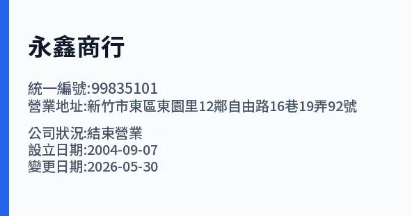 永鑫商行的照片-統編 99835101(新竹市) 公司登記資料與營業項目詳細圖表