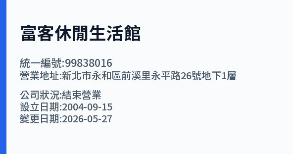 富客休閒生活館的照片-統編 99838016(新北市) 公司登記資料與營業項目詳細圖表