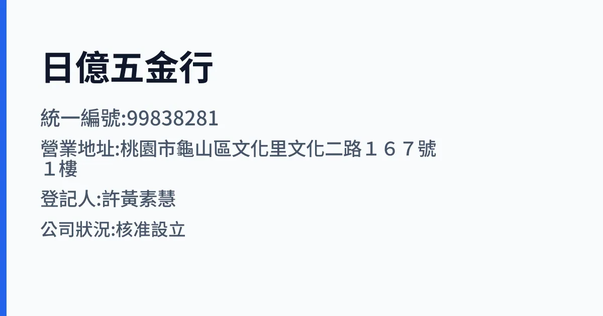 日億五金行 - 統編 99838281(桃園市) 公司登記資料與營業項目詳細圖表