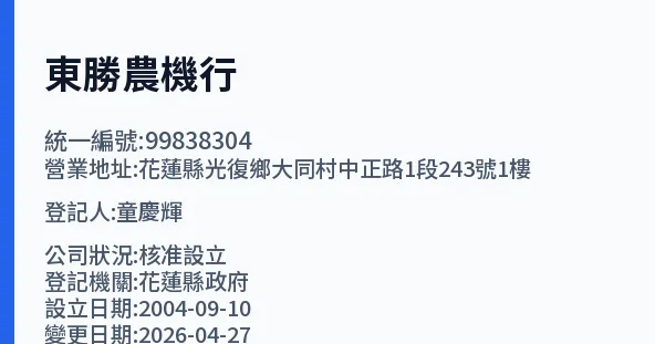 東勝農機行的照片-統編 99838304(花蓮縣) 公司登記資料與營業項目詳細圖表