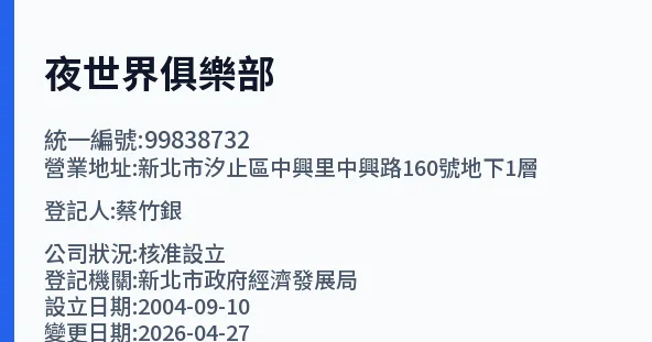 夜世界俱樂部的照片-統編 99838732(新北市) 公司登記資料與營業項目詳細圖表