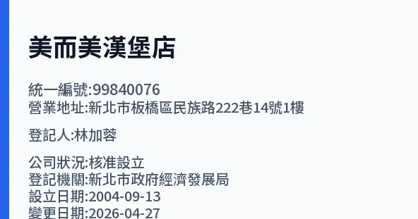 美而美漢堡店的照片-統編 99840076(新北市) 公司登記資料與營業項目詳細圖表
