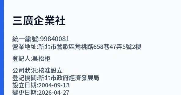 三廣企業社的照片-統編 99840081(新北市) 公司登記資料與營業項目詳細圖表