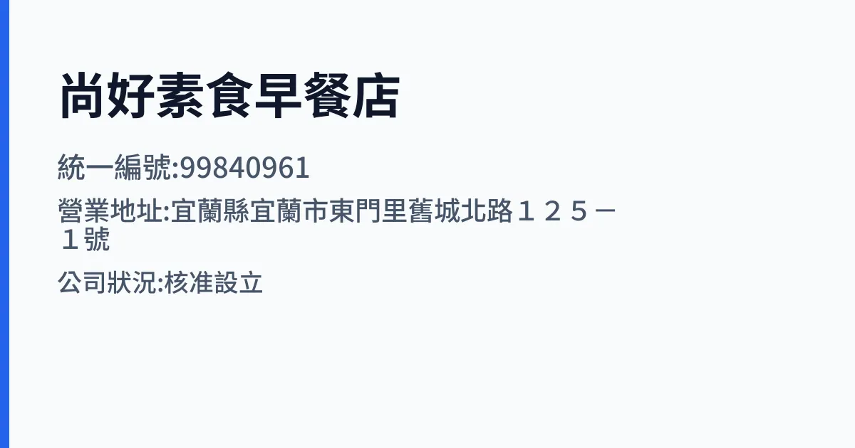 尚好素食早餐店 - 統編 99840961(宜蘭縣) 公司登記資料與營業項目詳細圖表