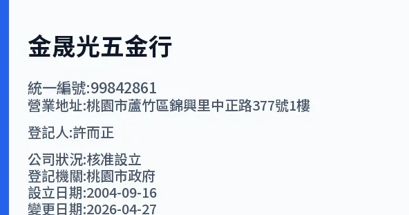 金晟光五金行的照片-統編 99842861(桃園市) 公司登記資料與營業項目詳細圖表
