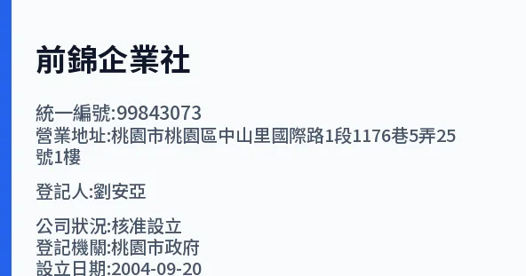 前錦企業社的照片-統編 99843073(桃園市) 公司登記資料與營業項目詳細圖表