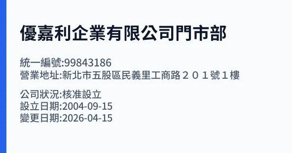 優嘉利企業有限公司門市部的照片-統編 99843186(新北市) 公司登記資料與營業項目詳細圖表