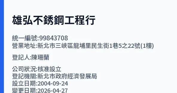 雄弘不銹鋼工程行的照片-統編 99843708(新北市) 公司登記資料與營業項目詳細圖表
