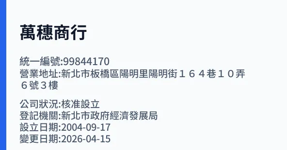 萬穗商行的照片-統編 99844170(新北市) 公司登記資料與營業項目詳細圖表