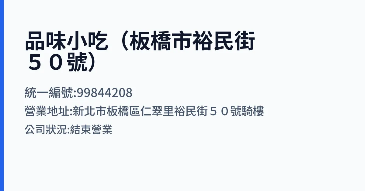 品味小吃（板橋市裕民街５０號） - 統編 99844208(新北市) 公司登記資料與營業項目詳細圖表