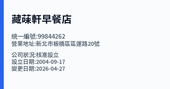 藏菋軒早餐店的照片-統編 99844262(新北市) 公司登記資料與營業項目詳細圖表