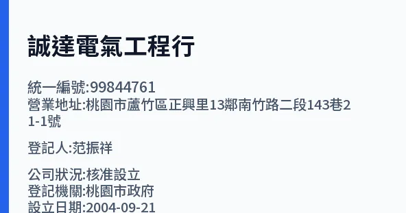 誠達電氣工程行的照片-統編 99844761(桃園市) 公司登記資料與營業項目詳細圖表