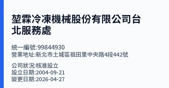 堃霖冷凍機械股份有限公司台北服務處的照片-統編 99844930(新北市) 公司登記資料與營業項目詳細圖表