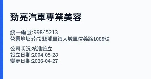 勁亮汽車專業美容的照片-統編 99845213(南投縣) 公司登記資料與營業項目詳細圖表