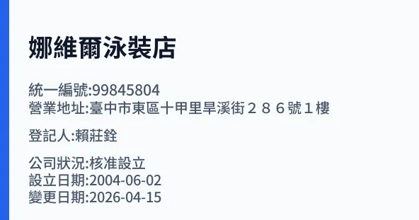 娜維爾泳裝店的照片-統編 99845804(臺中市) 公司登記資料與營業項目詳細圖表