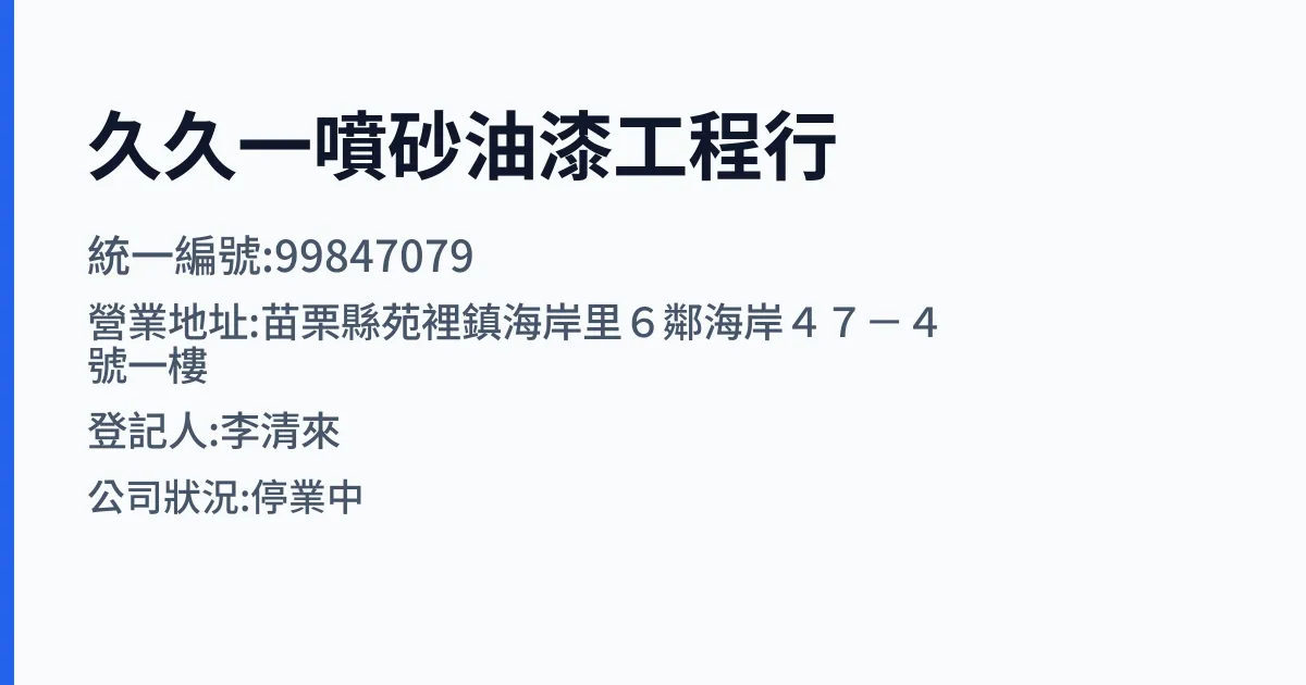 久久一噴砂油漆工程行 - 統編 99847079(苗栗縣) 公司登記資料與營業項目詳細圖表
