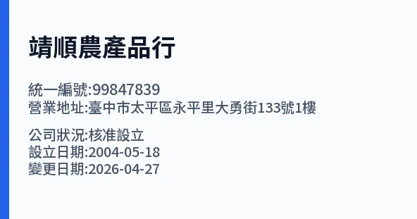 靖順農產品行的照片-統編 99847839(臺中市) 公司登記資料與營業項目詳細圖表