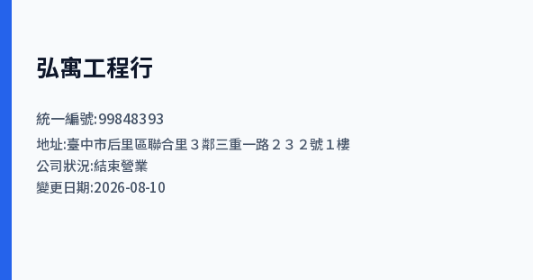 弘寓工程行的照片-統編 99848393(臺中市) 公司登記資料與營業項目詳細圖表