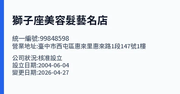 獅子座美容髮藝名店的照片-統編 99848598(臺中市) 公司登記資料與營業項目詳細圖表