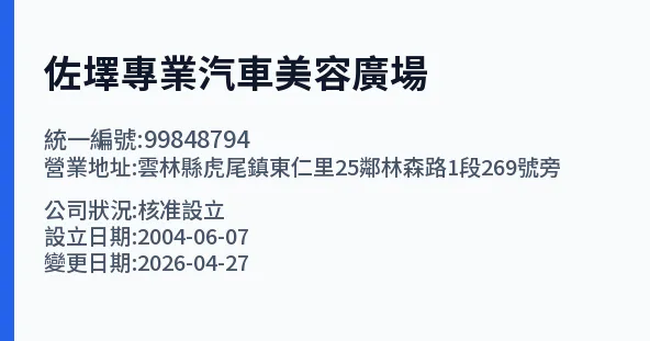 佐墿專業汽車美容廣場的照片-統編 99848794(雲林縣) 公司登記資料與營業項目詳細圖表