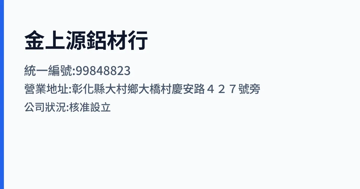 金上源鋁材行 - 統編 99848823(彰化縣) 公司登記資料與營業項目詳細圖表