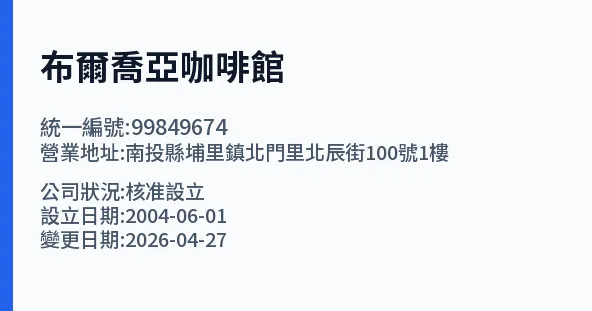布爾喬亞咖啡館的照片-統編 99849674(南投縣) 公司登記資料與營業項目詳細圖表