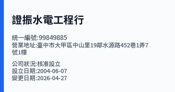 證振水電工程行的照片-統編 99849885(臺中市) 公司登記資料與營業項目詳細圖表