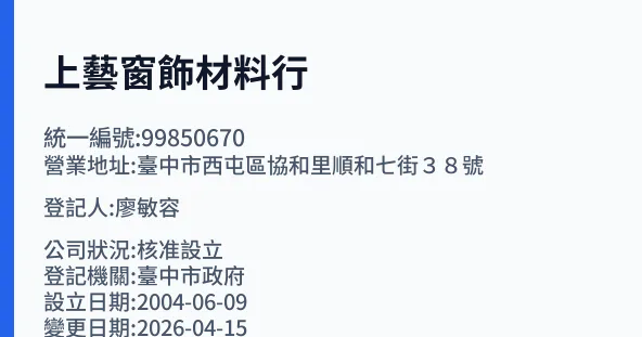 上藝窗飾材料行的照片-統編 99850670(臺中市) 公司登記資料與營業項目詳細圖表