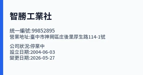 智勝工業社的照片-統編 99852895(臺中市) 公司登記資料與營業項目詳細圖表