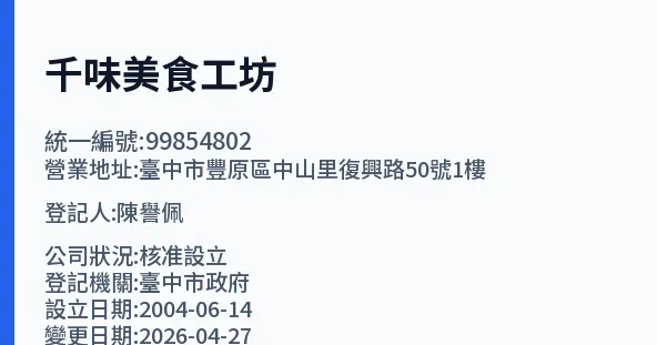 千味美食工坊的照片-統編 99854802(臺中市) 公司登記資料與營業項目詳細圖表