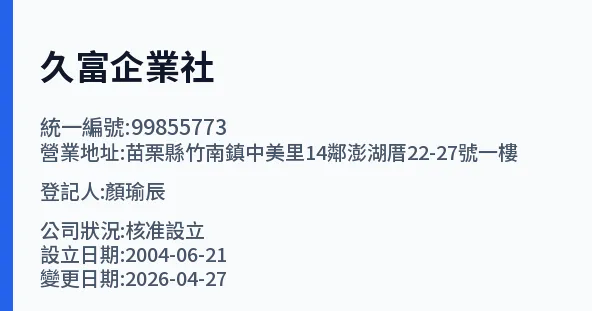久富企業社的照片-統編 99855773(苗栗縣) 公司登記資料與營業項目詳細圖表