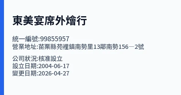 東美宴席外燴行的照片-統編 99855957(苗栗縣) 公司登記資料與營業項目詳細圖表