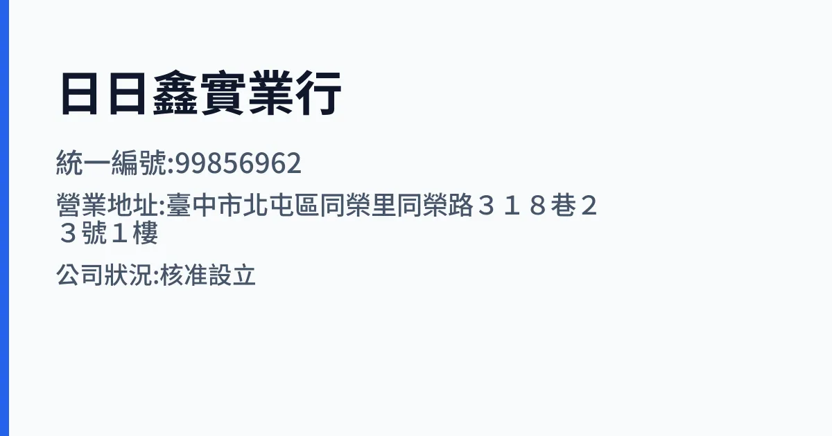日日鑫實業行 - 統編 99856962(臺中市) 公司登記資料與營業項目詳細圖表