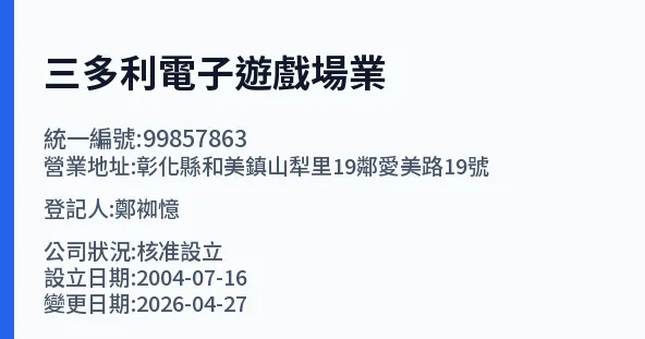 三多利電子遊戲場業的照片-統編 99857863(彰化縣) 公司登記資料與營業項目詳細圖表