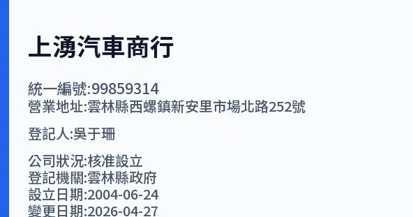 上湧汽車商行的照片-統編 99859314(雲林縣) 公司登記資料與營業項目詳細圖表
