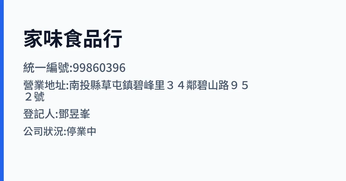 家味食品行 - 統編 99860396(南投縣) 公司登記資料與營業項目詳細圖表