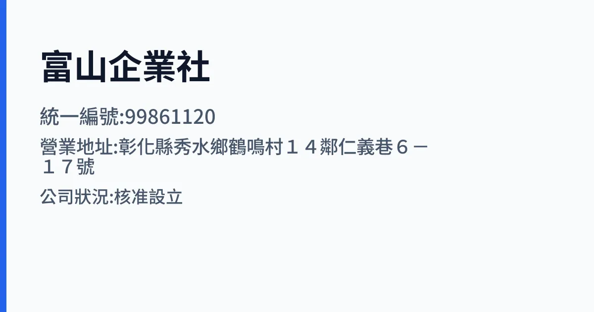 富山企業社 - 統編 99861120(彰化縣) 公司登記資料與營業項目詳細圖表