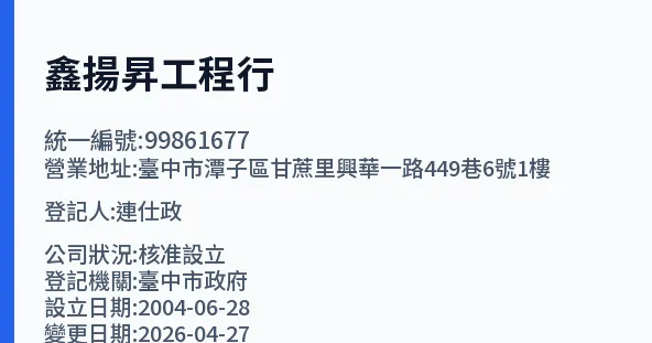 鑫揚昇工程行的照片-統編 99861677(臺中市) 公司登記資料與營業項目詳細圖表