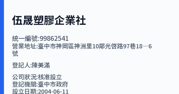 伍晟塑膠企業社的照片-統編 99862541(臺中市) 公司登記資料與營業項目詳細圖表