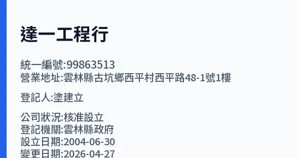 達一工程行的照片-統編 99863513(雲林縣) 公司登記資料與營業項目詳細圖表
