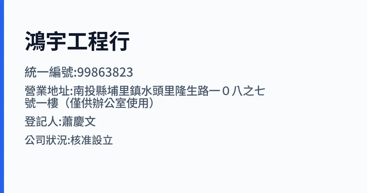 鴻宇工程行 - 統編 99863823(南投縣) 公司登記資料與營業項目詳細圖表