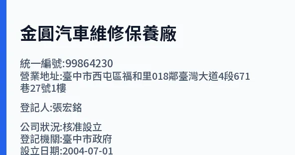 金圓汽車維修保養廠的照片-統編 99864230(臺中市) 公司登記資料與營業項目詳細圖表